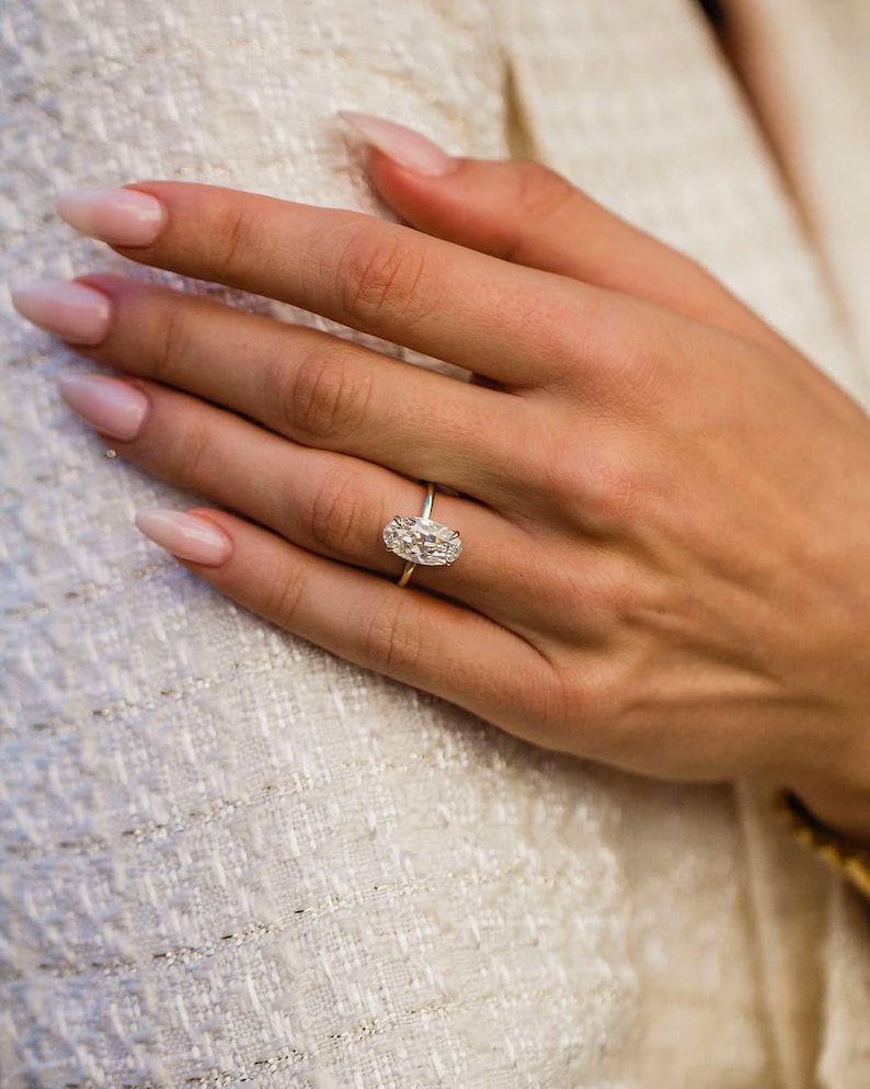 3.21 CT Old Mine Moval Cut Moissanite Solitaire Ring, Round Cut Hidden ...