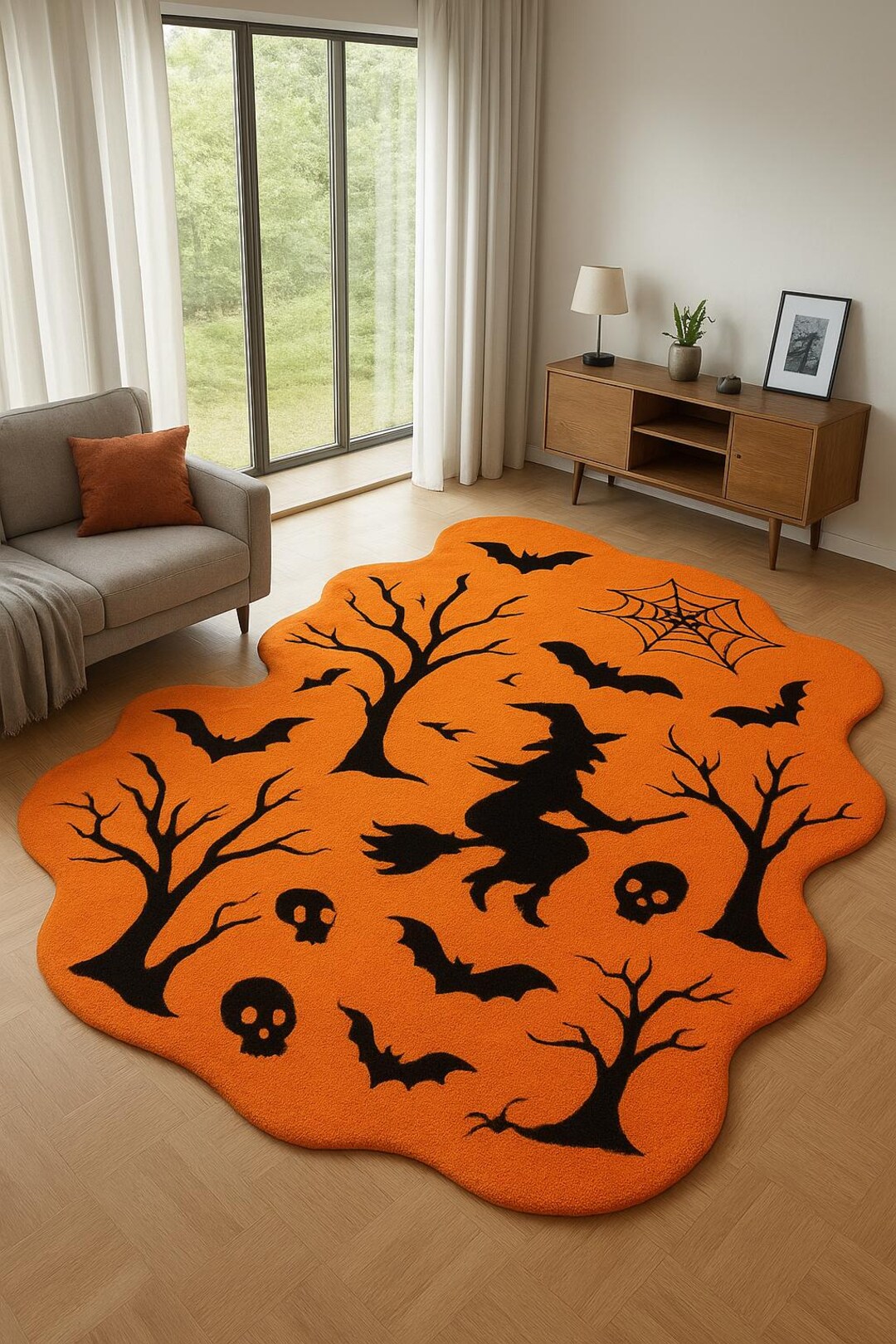 Halloween Rug | Witch on Broom Carpet | Spooky Orange Black Bat Skull ...