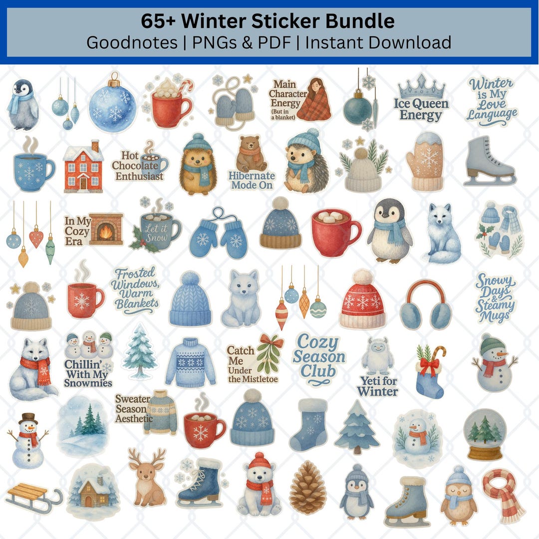 Watercolor Winter Sticker Bundle: 65+ Christmas Designs (PNG, PDF Print ...