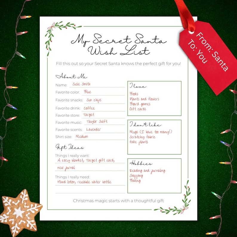 Secret Santa Wish List Printable - Christmas Gift Exchange (PDF) - Etsy