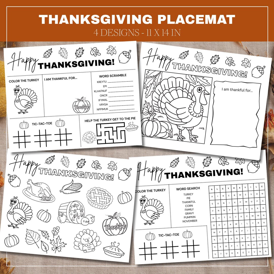 Thanksgiving Kids Activity Placemats | 4 Designs | PDF Prints | 11 X 14 ...