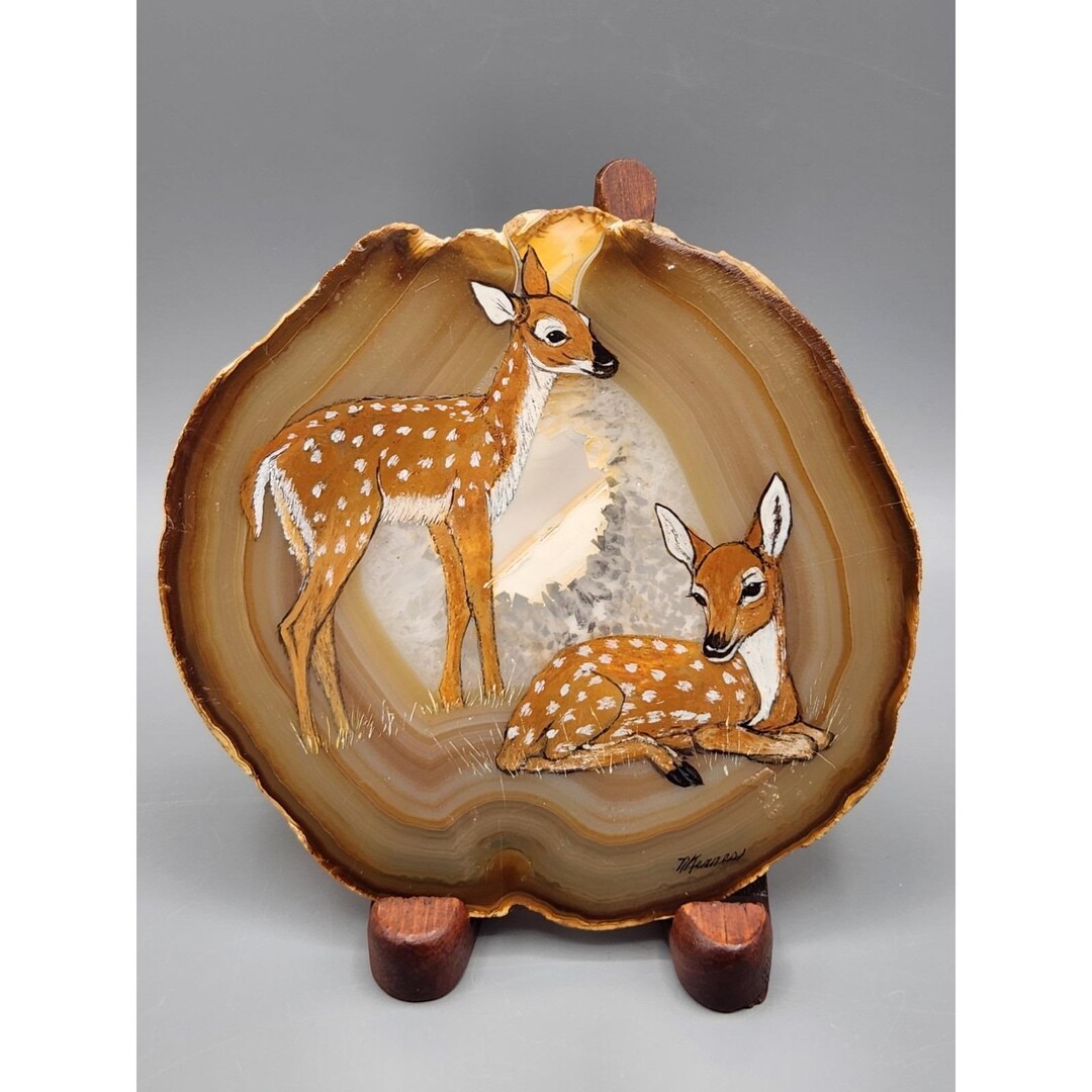 Deer Hand Painted on Geode Stone Slab Signed 5x5.25" - Etsy