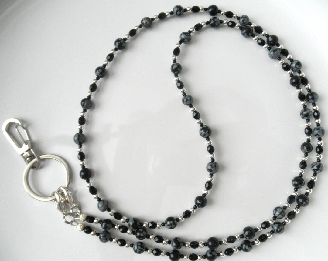 Snowflake Obsidian Lanyard, ID Badge Holder, Jet Black Faceted Beads ...