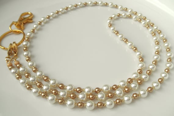 Pearl Lanyard Cream Gold Badge Lanyard Necklace Using Fine | Etsy