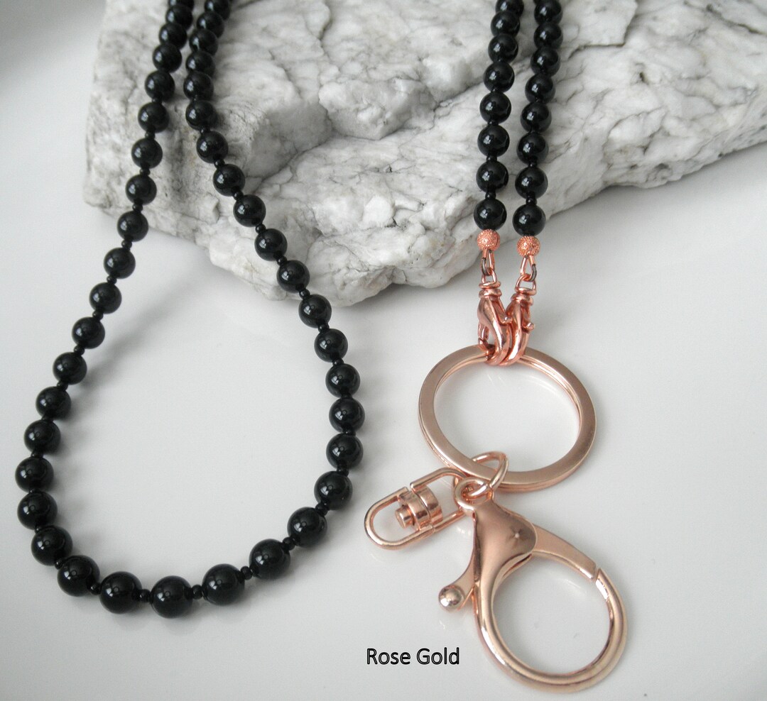 Black Rose Gold Pearl Badge Lanyard Necklace, ID Holder, Teacher ...