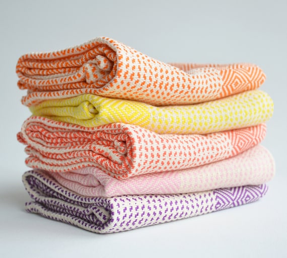 Kitchen Towel With Orange Coral Yellow Pink Purple Stripes on Natural Color Bread Towel Drying Towel Tea Towel Rv Towel Hand Towel Etsy