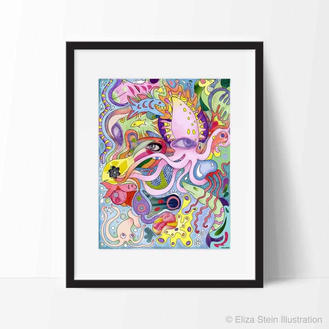Psychedelic Squid Poster, Fine Art Print, Mixed Media, 8.5 X 11 ...