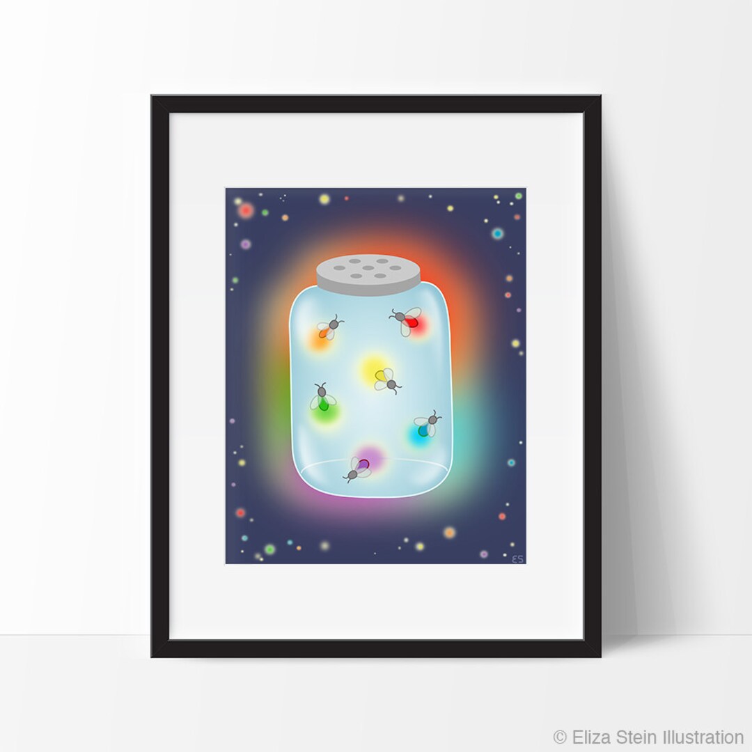 Rainbow Fireflies Art Print, 8x10 Firefly Jar Illustration, Childrens ...