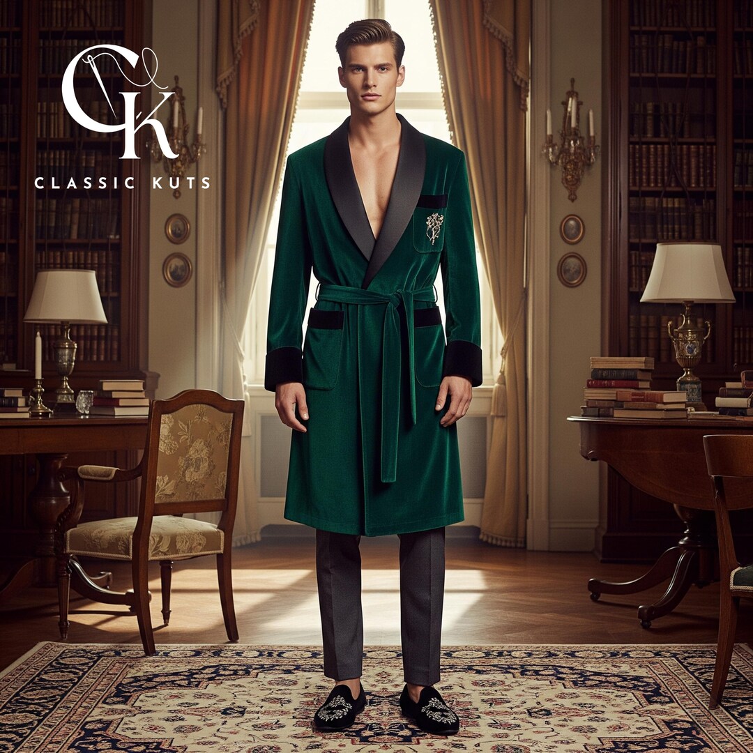 Men's Green Velvet Smoking Jacket | Tassel Belt | Vintage Lounge Wear ...