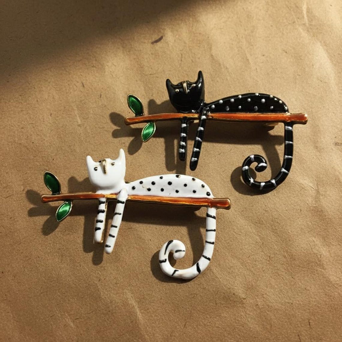 Handmade Enamel Cat Brooch,cute Couple Kitten on Branch Pin,silver ...