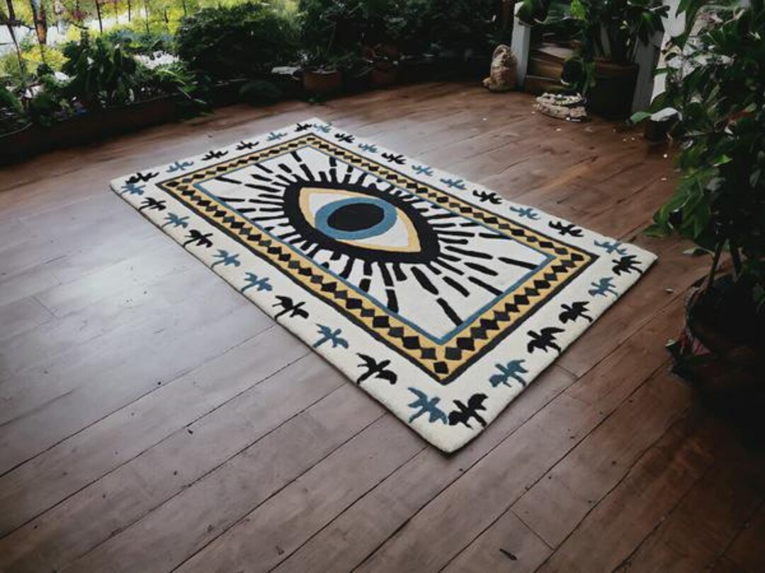 Handmade Evil Eye Design Rug, Bohemian Tufted Carpet, Mystical Evil Eye ...