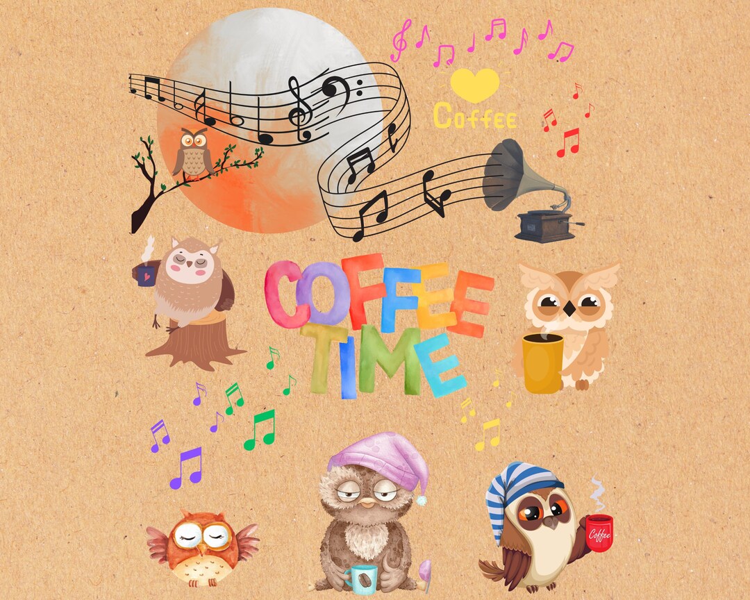 Coffee Time Owl PNG - Cute Sleepy Owls Coffee Clipart - Musical Morning ...