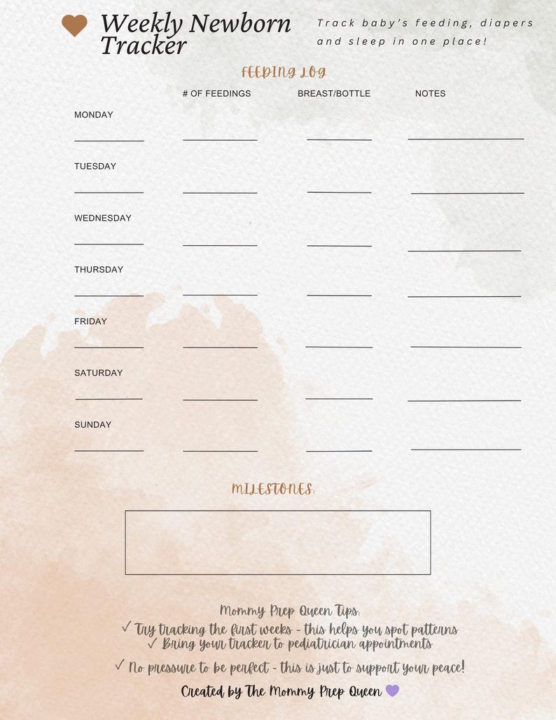 Weekly Newborn Caretracker | Printable Daily Baby Log | Feeding, Diaper ...