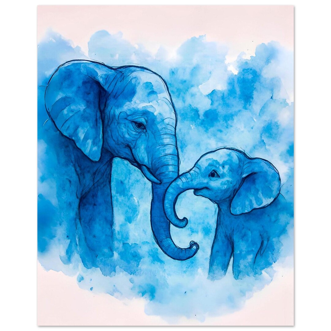 Blue Elephant Watercolor Print: Mother and Baby Animal Nursery Decor - Etsy