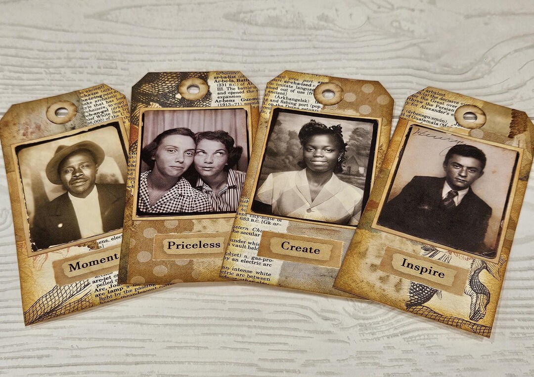 Set of 4 Handmade Collage Tags Vintage Style Tags Distressed Tags Junk ...