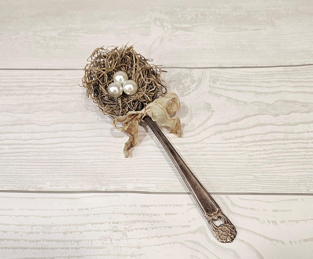Altered Vintage Silver Plate Spoon Bird Nest With Seam Binding Ribbon ...