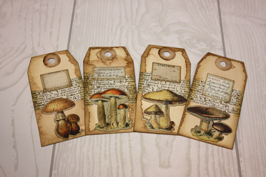 Set of 4 Small Mushroom Nature Fungi Tags Handmade Distressed Junk ...