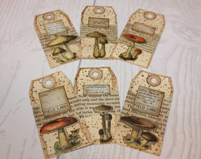Set of 6 Small Mushroom Nature Fungi Tags Handmade Distressed Junk ...