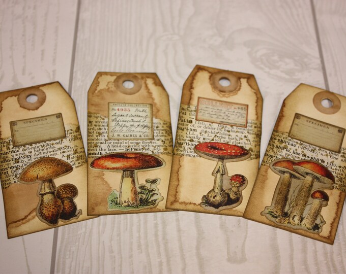 Set of 4 Small Mushroom Nature Fungi Tags Handmade Distressed Junk ...