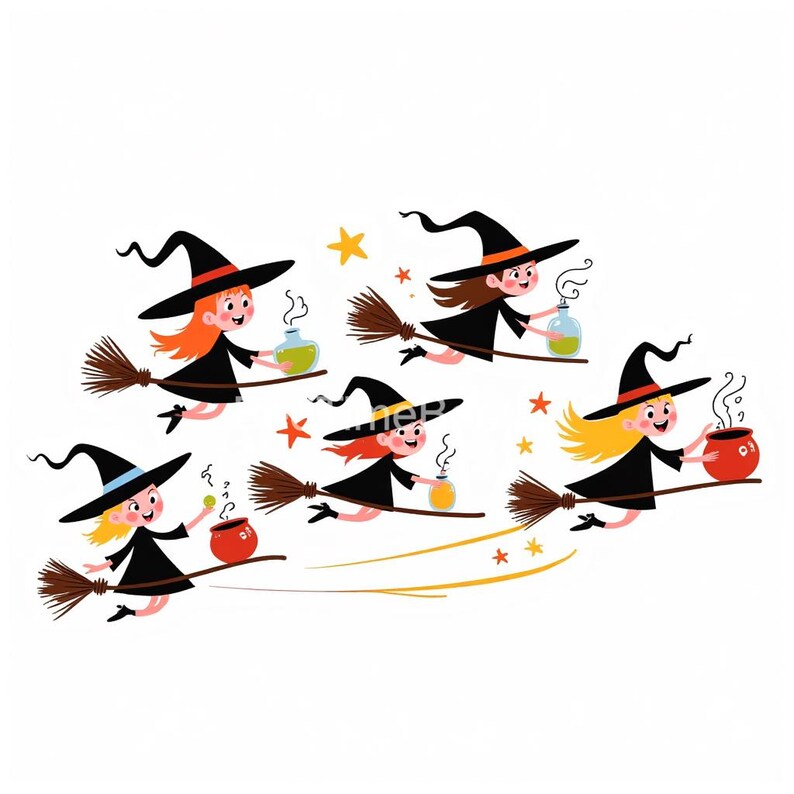 12 Halloween Witch Clipart, Cartoon Witches Flying on Brooms, Potion ...