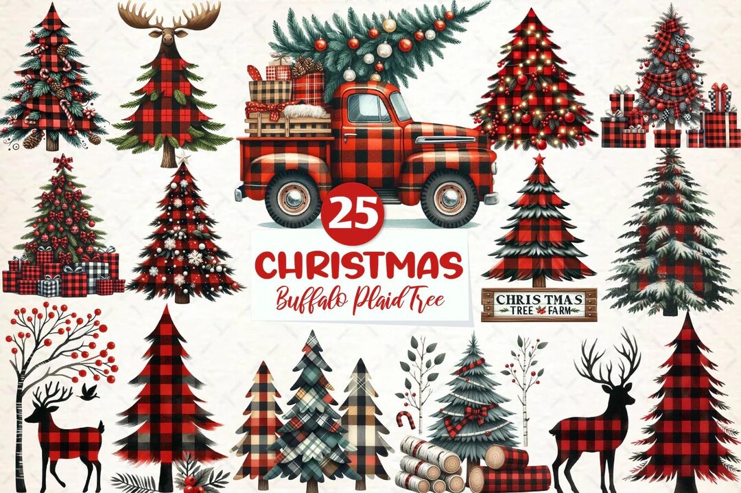 Buffalo Plaid Christmas Tree Clipart | Holiday PNG Bundle (digital ...