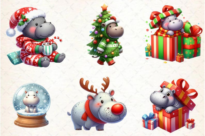 Christmas Hippo Clipart | 23 Watercolor PNG Bundle (digital Download ...