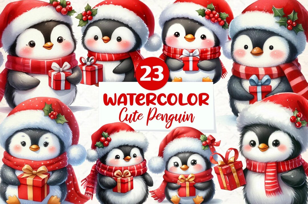 22 Cute Penguin Christmas Clipart PNG | Holiday Penguin Illustrations ...