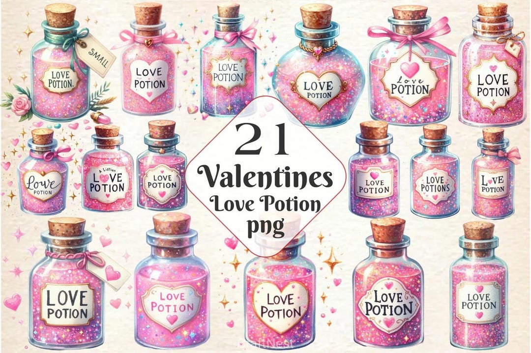 21 Glittery Love Potion Clipart Bundle – Magical Valentine Bottle PNG ...