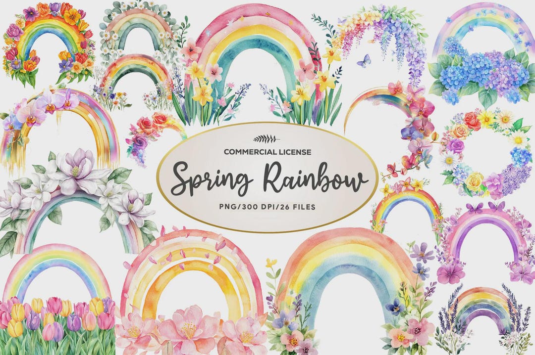 Watercolor Floral Rainbow Clipart PNG Bundle, Boho Nursery Wall Art ...