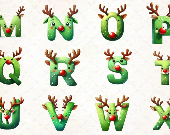 Christmas Reindeer Alphabet Clipart: A-Z Letters, 0-9 Numbers (PNG ...