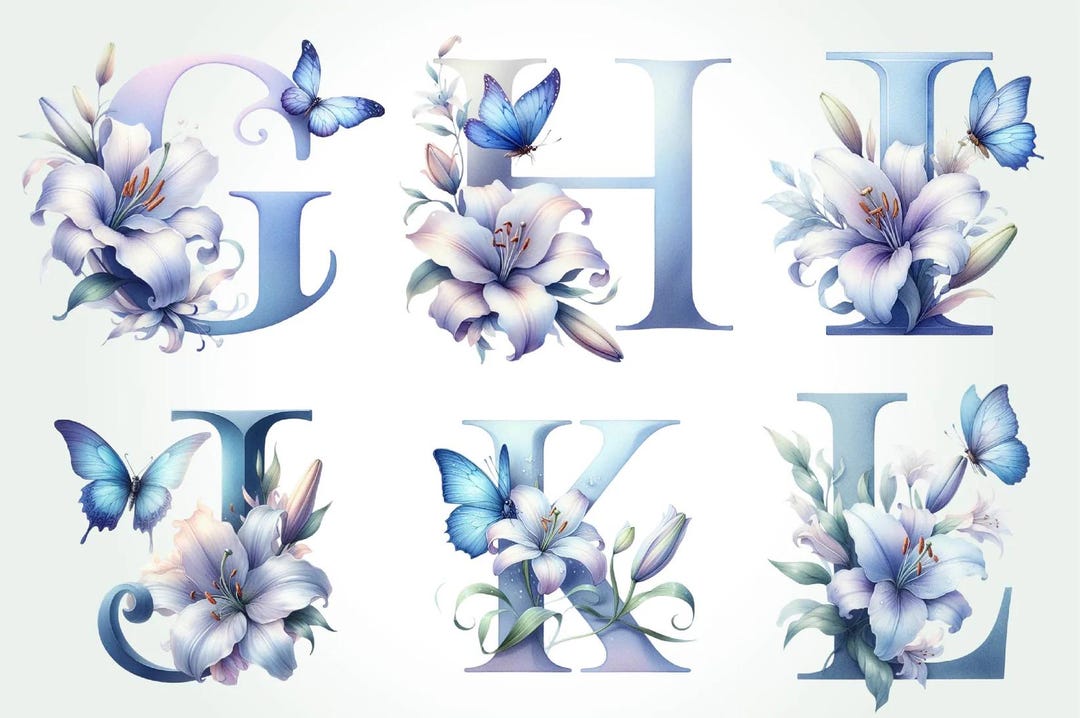 36 Blue Floral Monogram Alphabet Clipart Bundle PNG | Elegant Flower ...