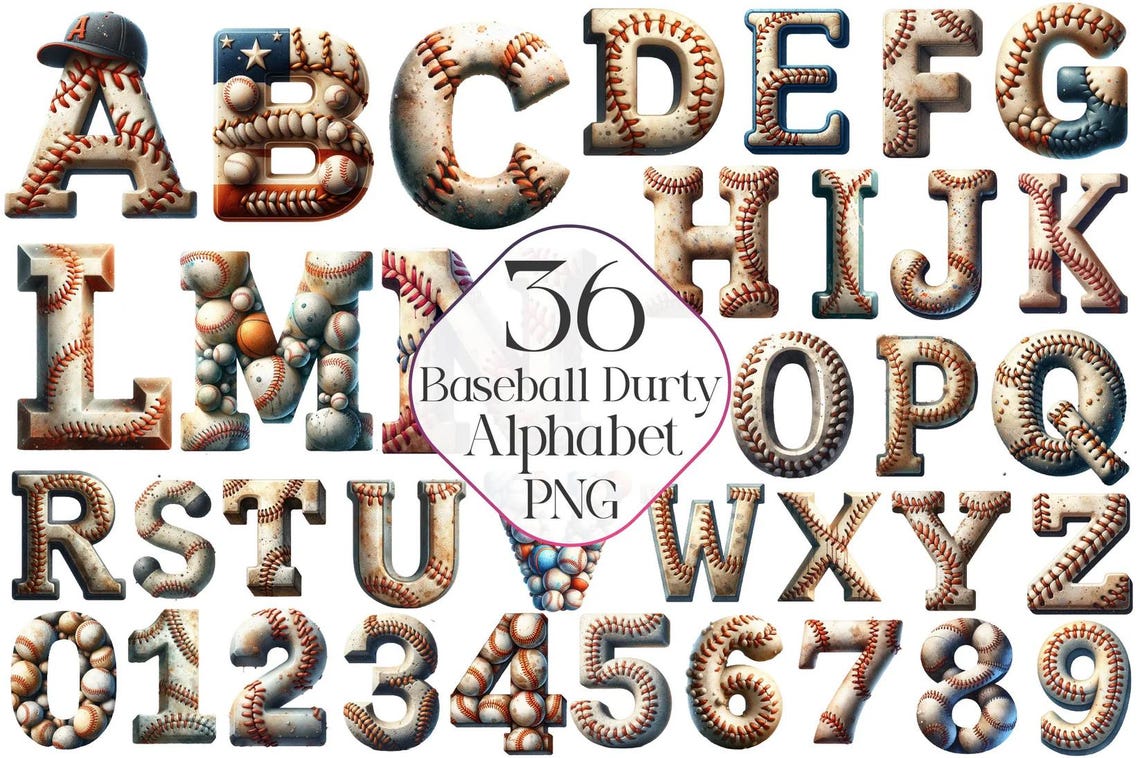 Baseball Alphabet Clipart | 36 Sports Letters, Numbers PNG (digital ...
