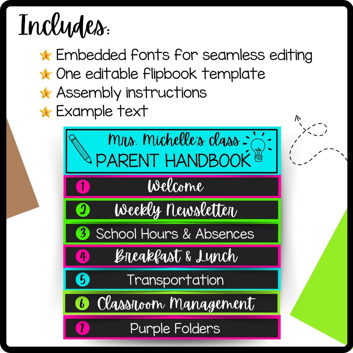 Back to School Editable Flipbook Parent Handbook - First Day of School ...