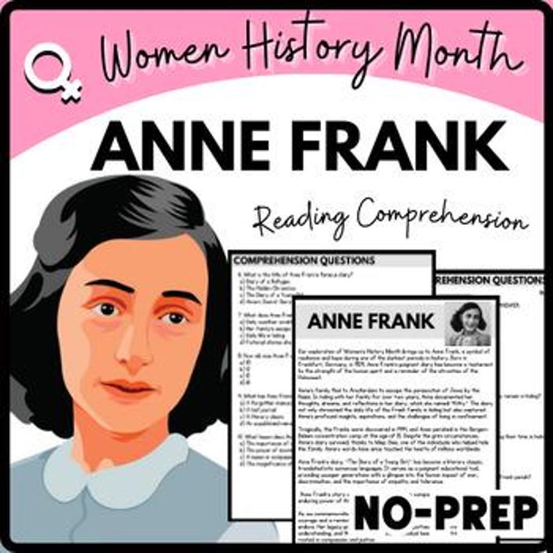 Women's History Month - ANNE FRANK - Reading Comprehension - Biography ...