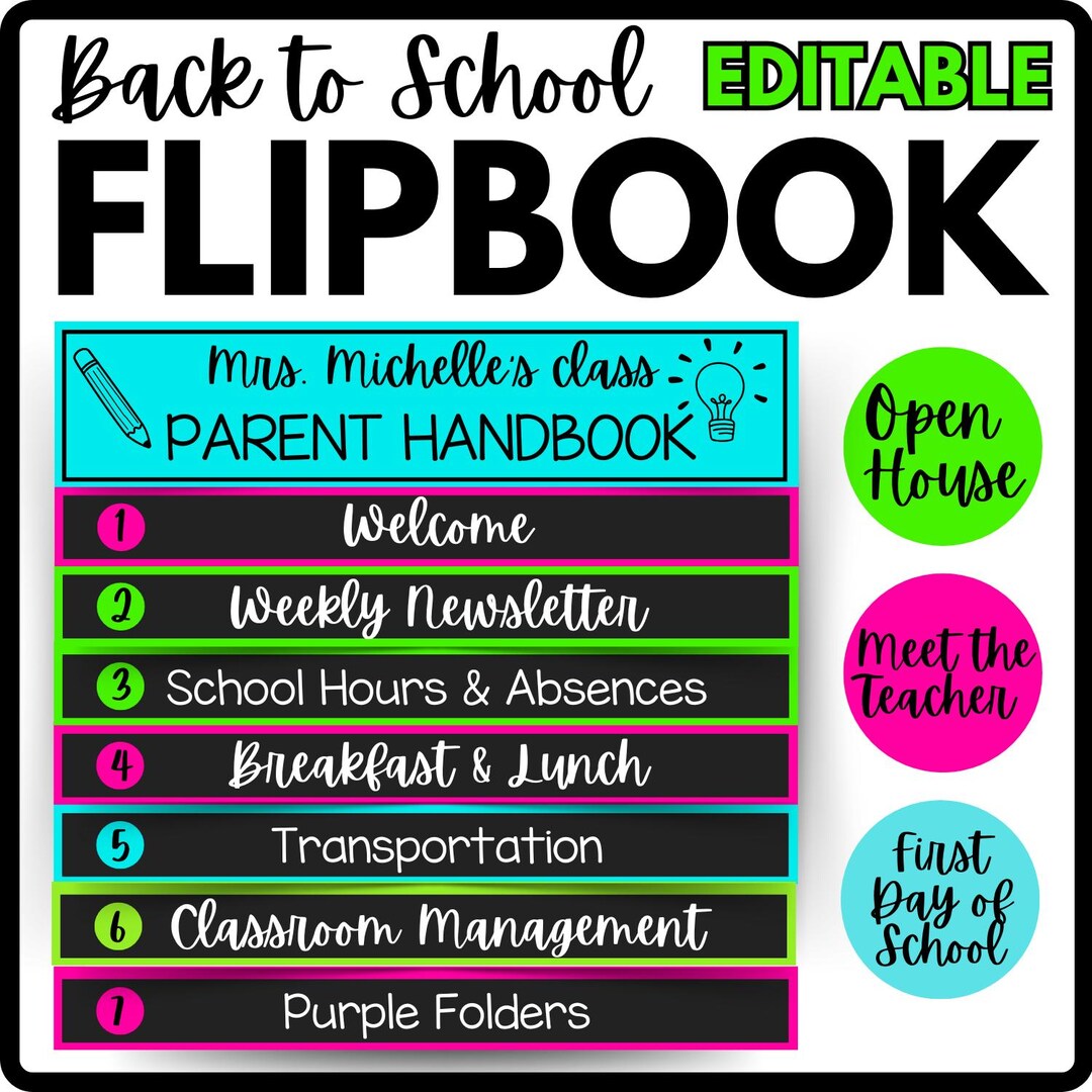 Back to School Editable Flipbook Parent Handbook - First Day of School ...