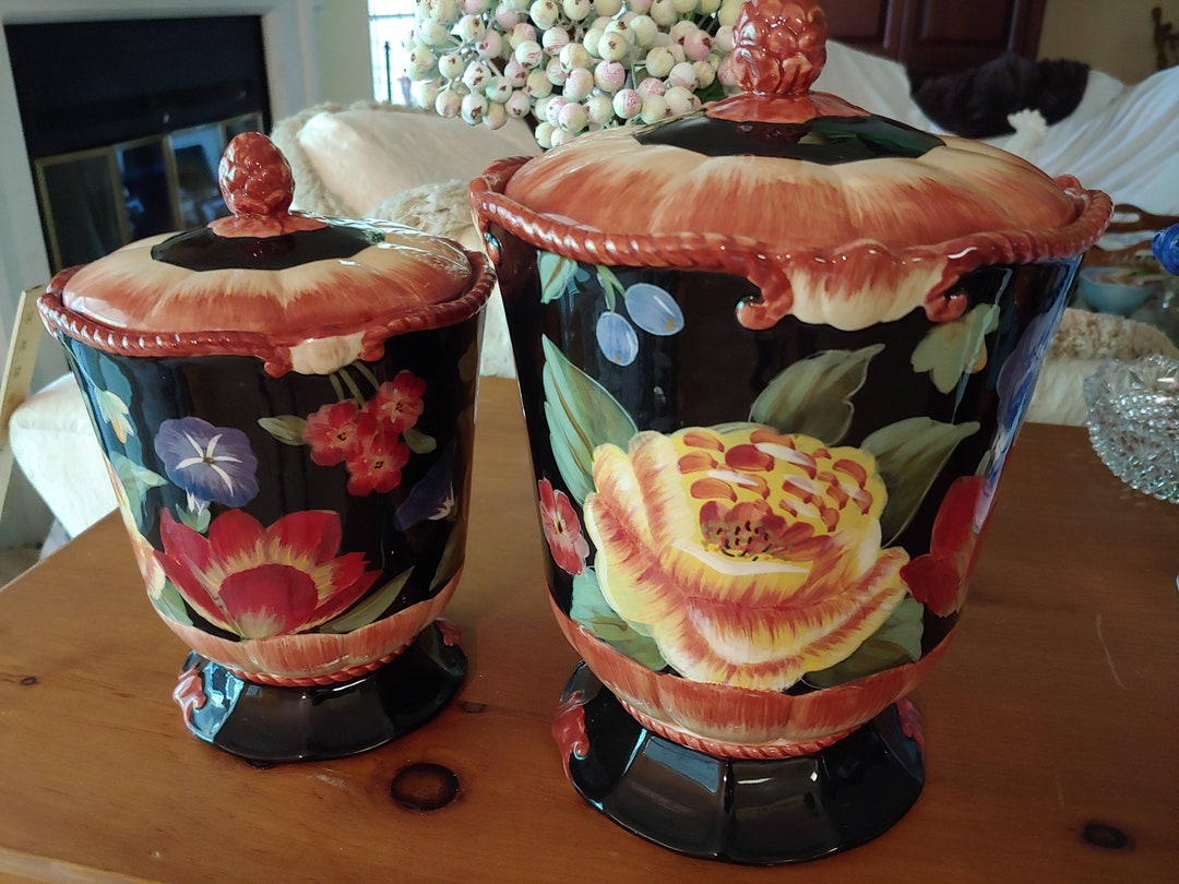 Floral Canister Set, Black Floral Canisters, Burgundy Coral Salmon ...