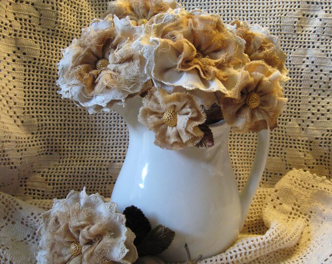 7 Linen and Gauze Flower Stems/handmade Flowers /vintage Linen/crochet ...