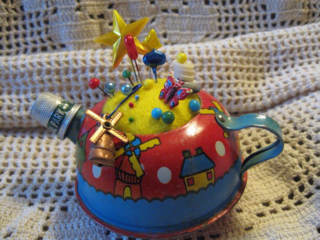 Teapot Pincushion/ Vintage Tin Toy Tea Pot/ Repurposed Into Pin Cushion ...