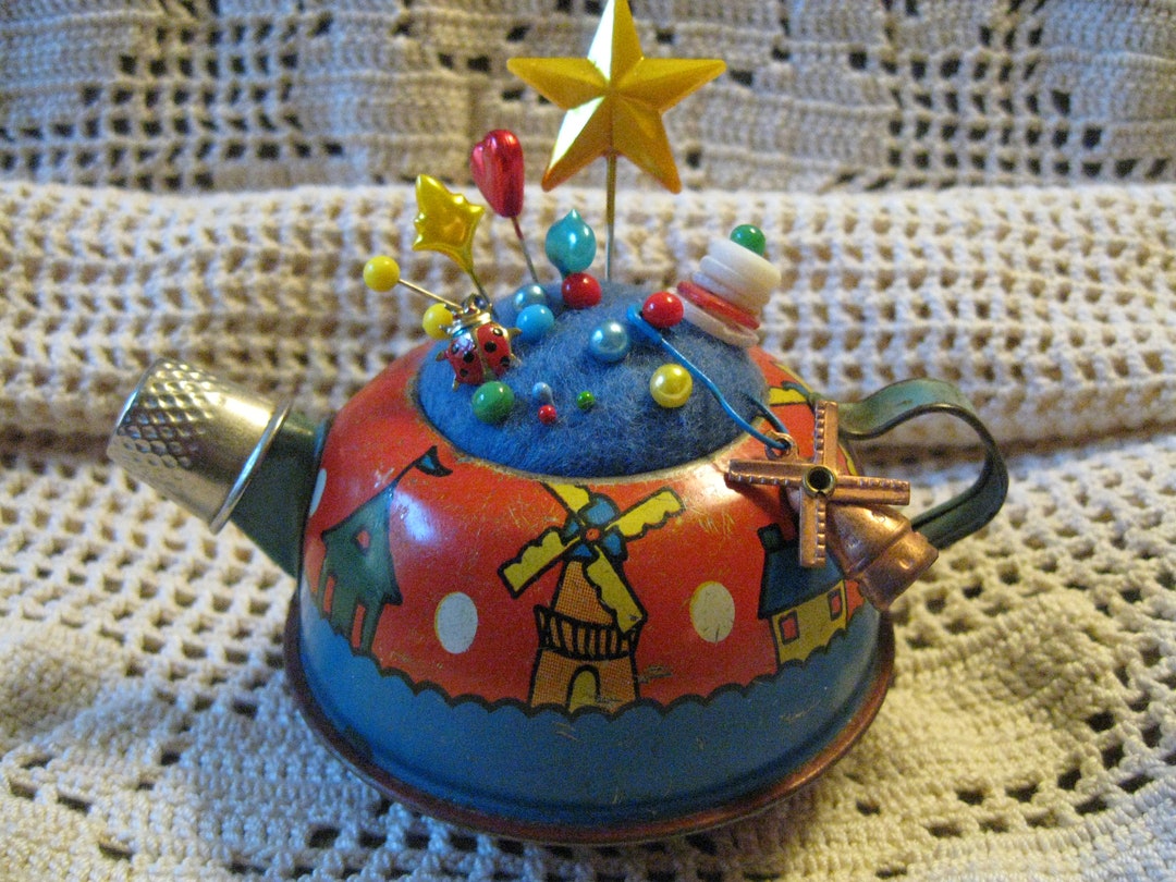 Teapot Pincushion/ Vintage Tin Toy Tea Pot/ Repurposed Into Pin Cushion ...