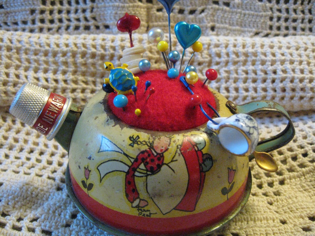 Teapot Pincushion/ Vintage Tin Toy Tea Pot/ Repurposed Into Pin Cushion ...