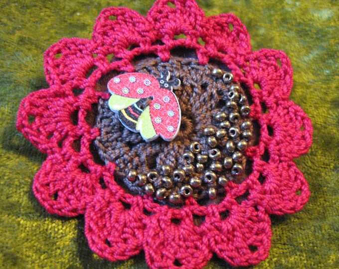 Crochet Cherry Red Sunflower Pin/ Bumble Bee Button/ Beaded/ - Etsy