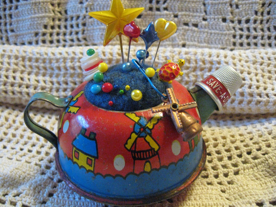 Teapot Pincushion/ Vintage Tin Toy Tea Pot/ Repurposed Into Pin Cushion ...