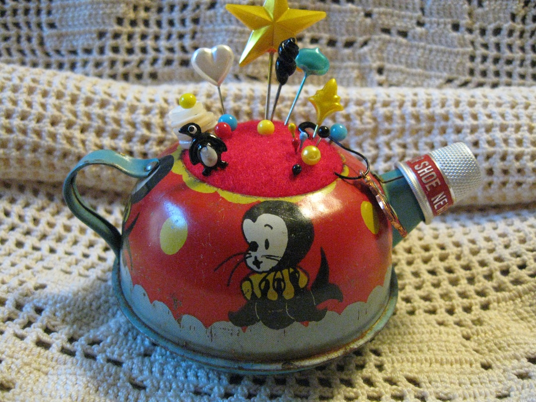 Teapot Pincushion/ Vintage Tin Toy Tea Pot/ Repurposed Into Pin Cushion ...