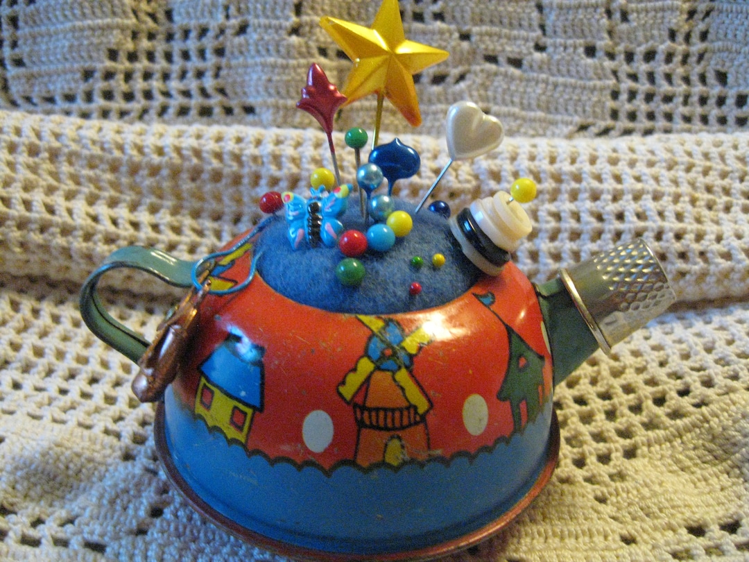 Teapot Pincushion/ Vintage Tin Toy Tea Pot/ Repurposed Into Pin Cushion ...