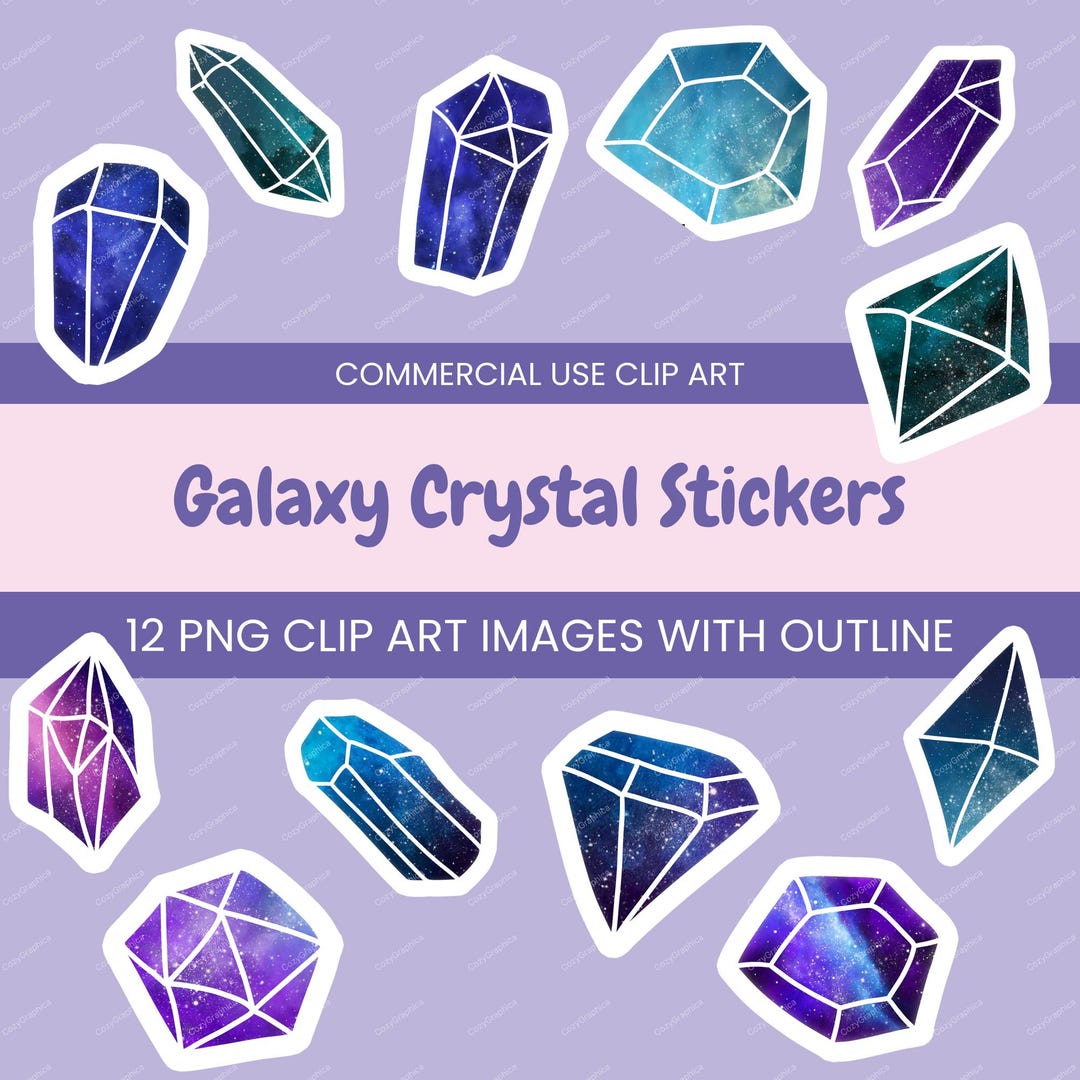 Galaxy Crystal PNG Clipart Set | 12 Cosmic Gemstone Stickers With White ...