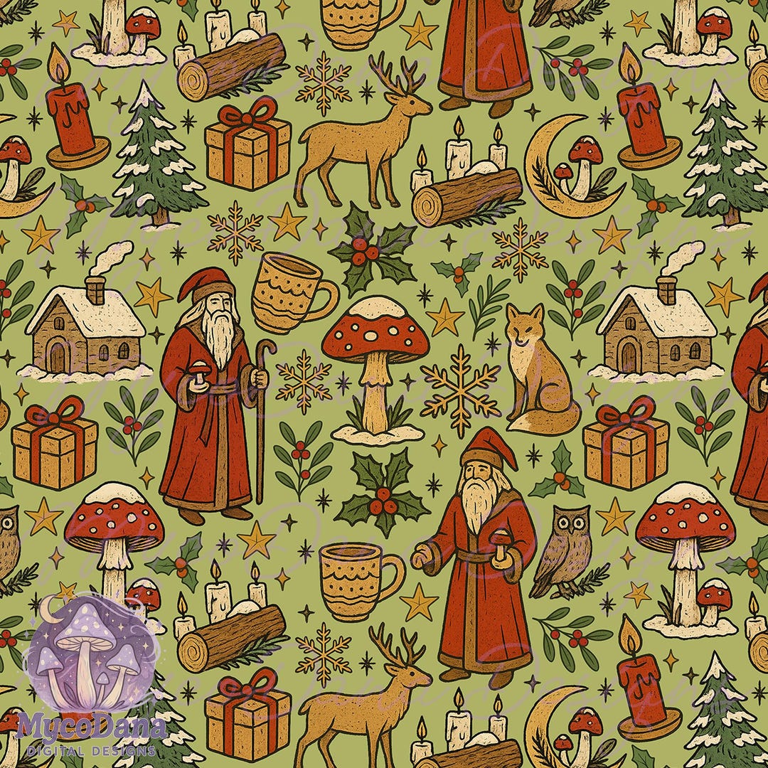 Pagan Yule Seamless Pattern | Witchy Christmas Santa Clipart | Amanita ...