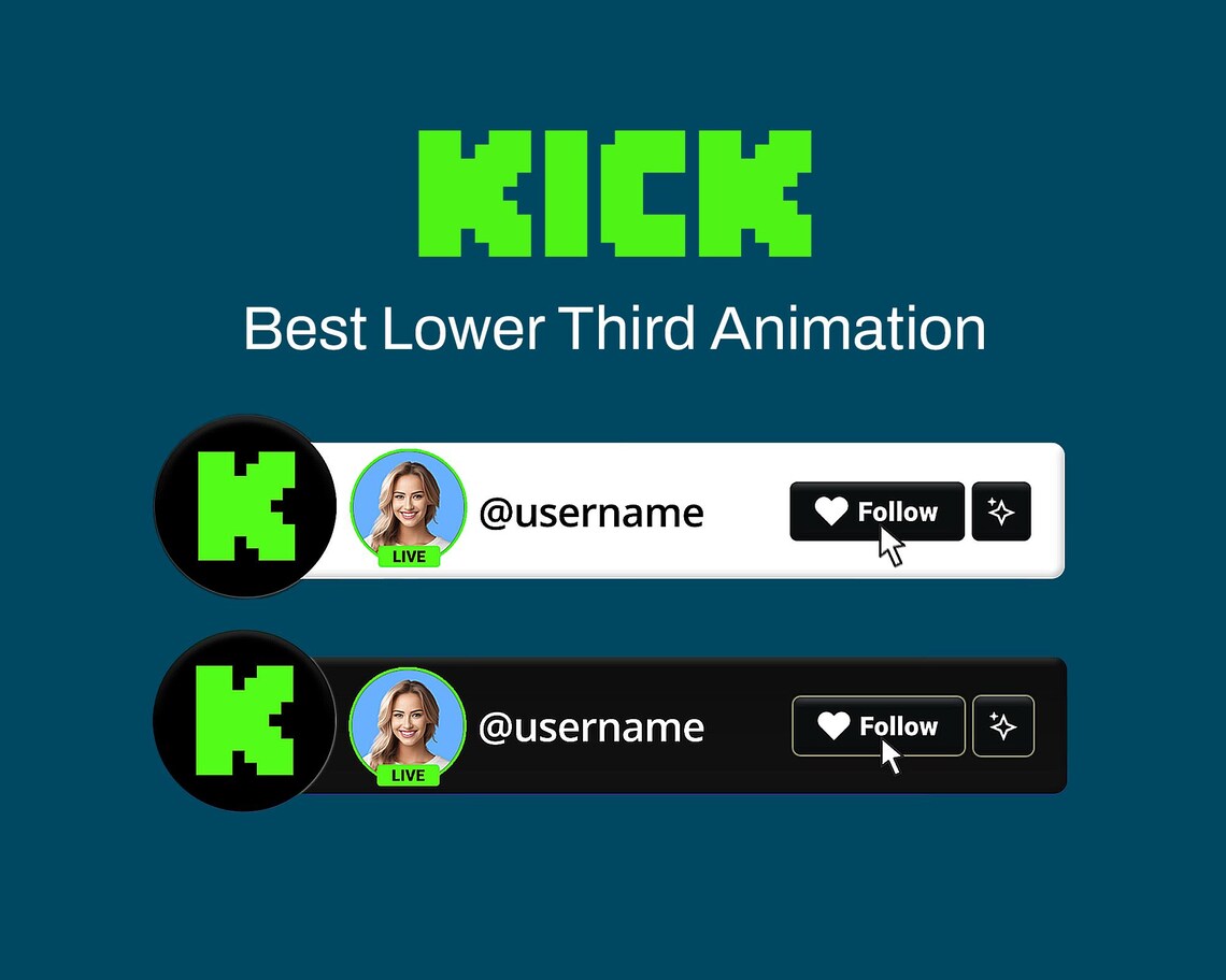 Animated Kick Follow Button Stream Overlay: Custom Social Media Lower ...