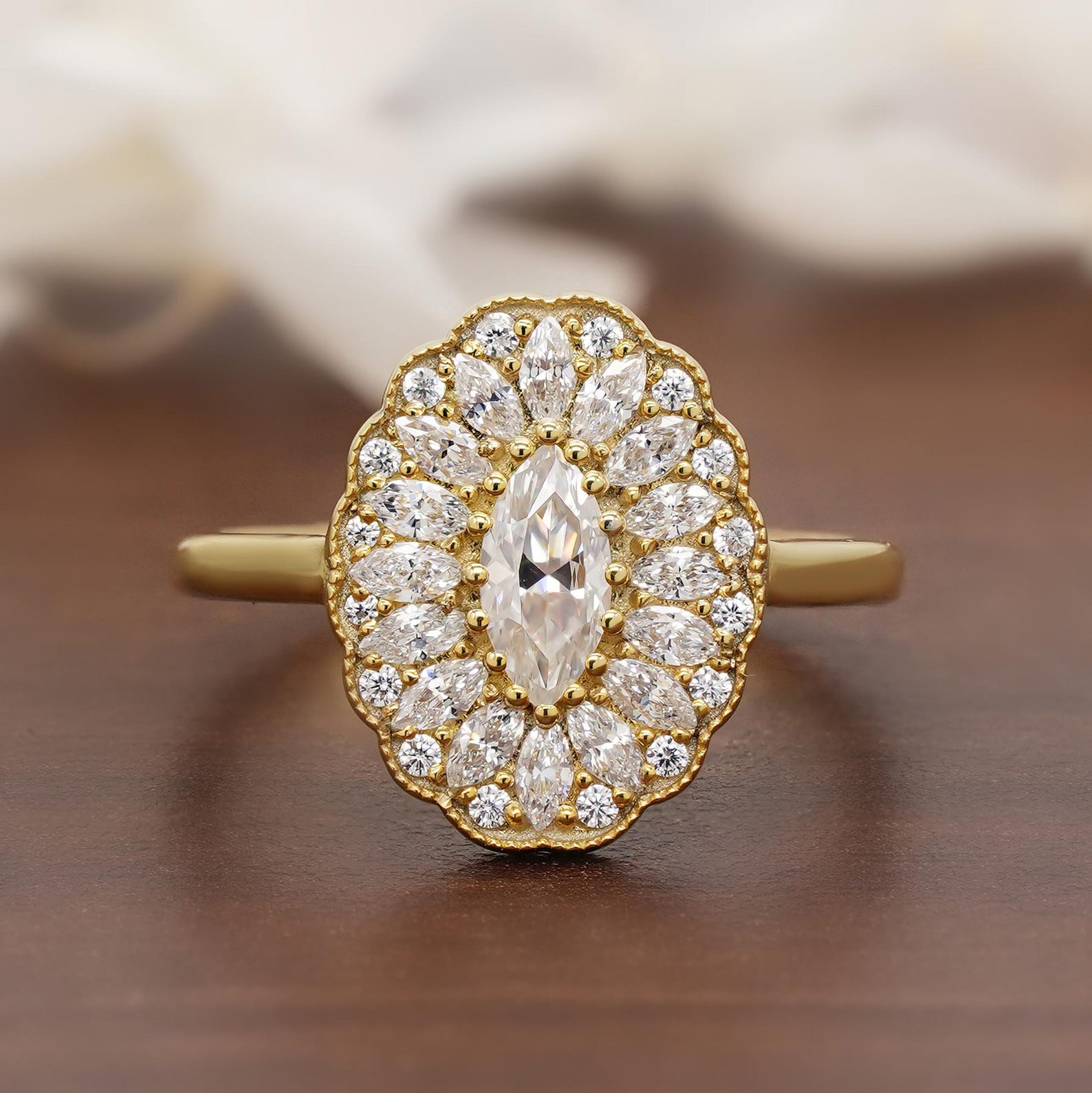 Floral Diamond Mosaic Ring, Marquise Diamond Engagement Ring, Unique ...