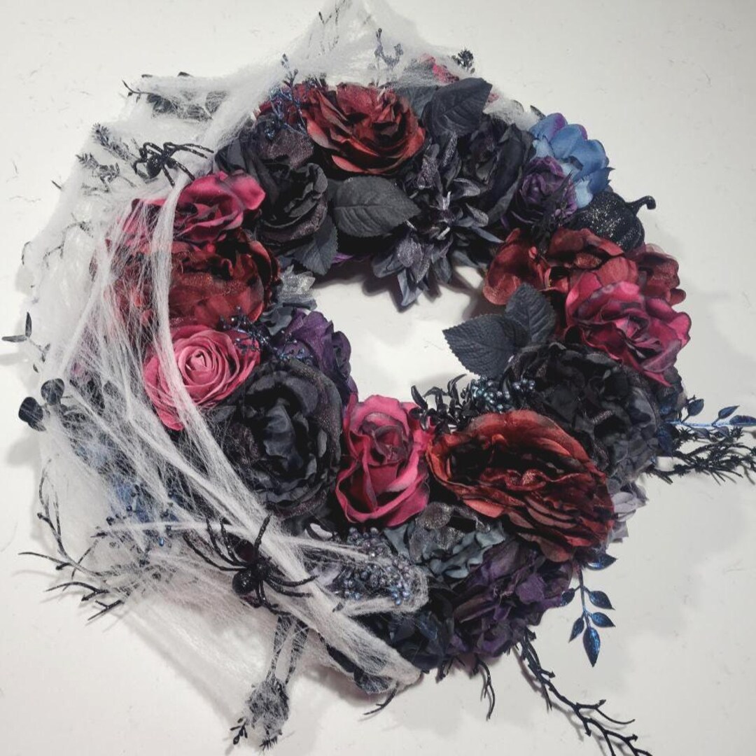 Spooky Halloween Rose Wreath – Gothic Black and Red Door Hanger With ...