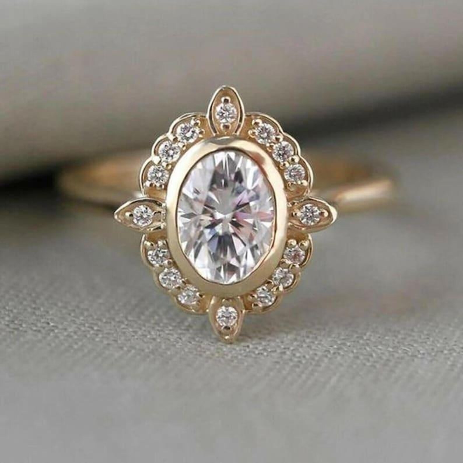 Bezel Set Wedding Ring, Antique Halo Ring, 2.00 CT Oval & Round Cut ...